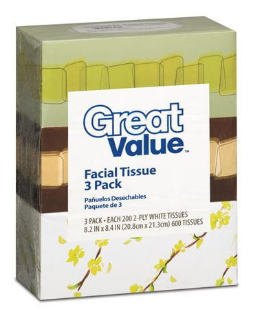 Great Value Facial Tissue 3/200's 2 ply | Walmart Canada