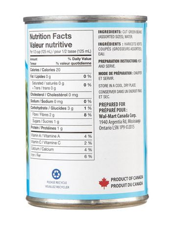 Great Value No Salt Cut Green Beans | Walmart Canada