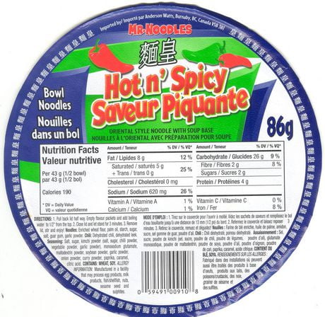 Mr. Noodles Hot n' Spicy Bowl 86g | Walmart Canada