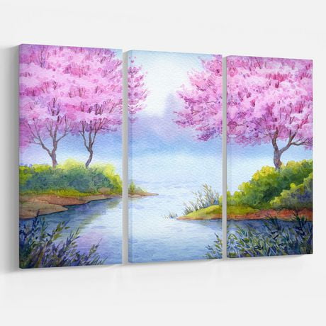 Click here for Design Art Flowering Trees Over Lake Canvas Print... prices