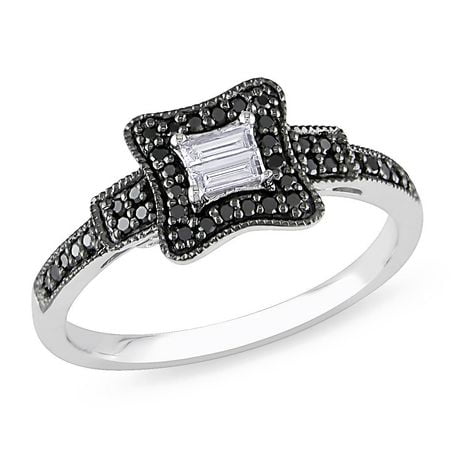 Miadora 1/4 CT TDW Black round and White Parallel Baguette cut Diamond ...