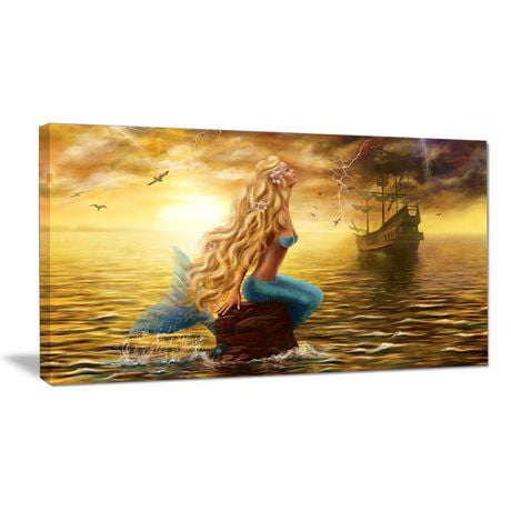 Design Art Sea Mermaid with Ghost Ship Seascape Digital Art Canvas ...