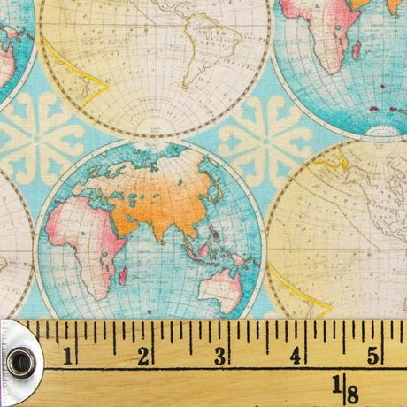 Fabric Creations Sea Foam And Multicolour Vintage Globes Cotton Fabric ...