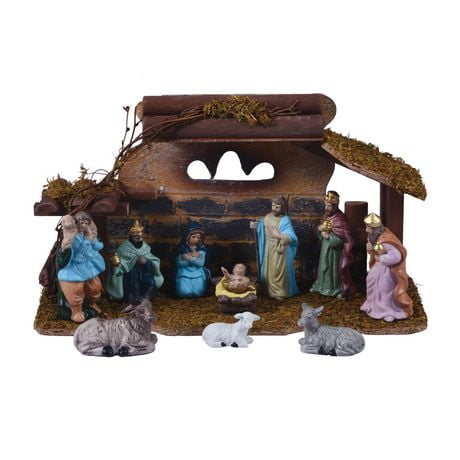 Holiday Time 12-Piece Procelain Nativity Scene with Wooden Stable ...