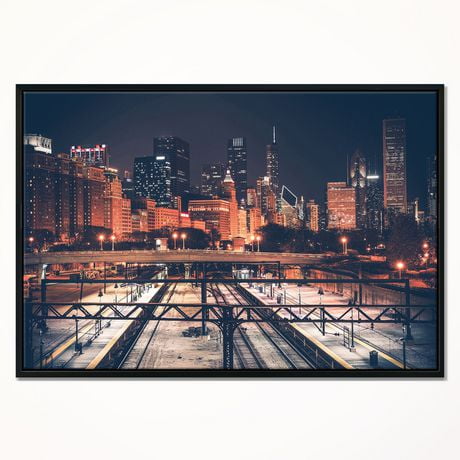 Click here for Design Art Dark Chicago Skyline And Railroad Frame... prices