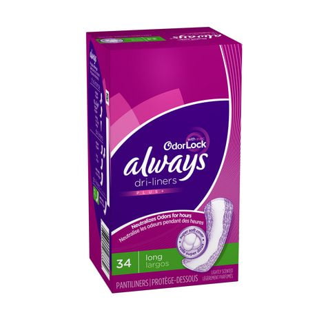 Always Dri-liners with Odor-Lock Lightly Scented Long Pantiliners ...