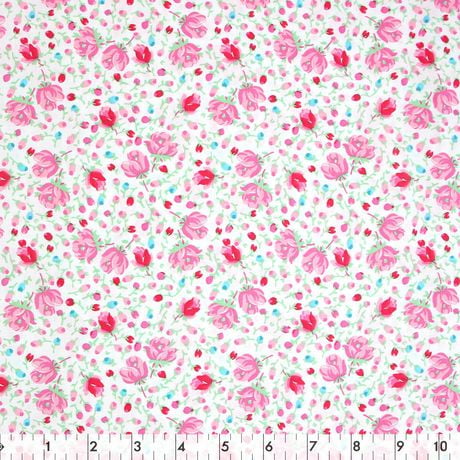 Fabric Creations White With Pink and Blue Roses Cotton Fabric by the ...