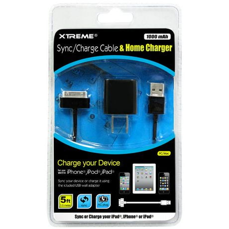 Xtreme Cables Black 1000mAh 5ft Sync and Charge Cable and Home Charger ...