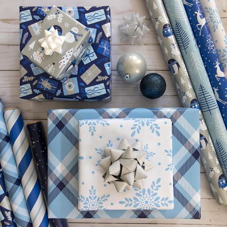 Holiday Time Christmas Wrapping Paper 8 Rolls Assortment Icy Blue ...