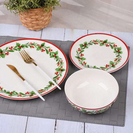 Holiday Time Red Holly Berry Ceramic Dinnerware Set ,12 Pieces ...