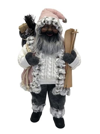 Holiday Time Indoor Decor 18 Inch Santa in Pink Vest with Ski Poles and ...