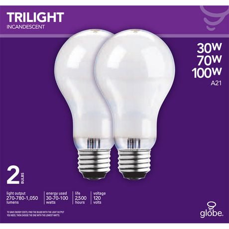 Incandescent trilight 30-70-100 watts, 2pk | Walmart Canada