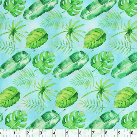 Click here for Fabric Creations Blue With Green Tropical Leaves C... prices