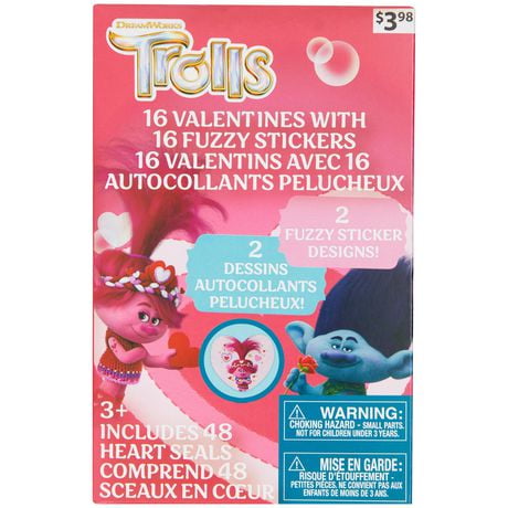 Trolls Valentine Cards with Fuzzy Stickers, Multi-Colored, 16 Count ...