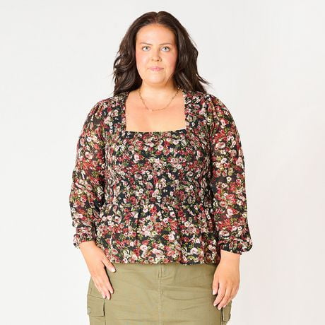 Devoted Women’s Plus size L/S smocked bodice blouse with ruffled hem ...