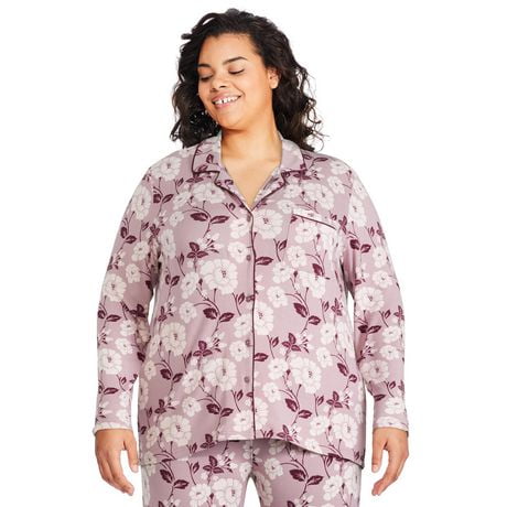 George Plus Women's Notch Collar Shirt and Pant Pajamas 2-Piece Set ...