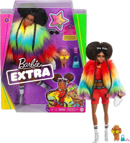 Click here for Barbie Extra Doll In Furry Rainbow Coat With Pet P... prices