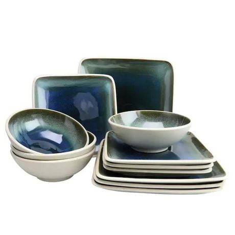 Gibson Elite Namastay 12 Piece Square Stoneware Dinnerware Set, Blue ...