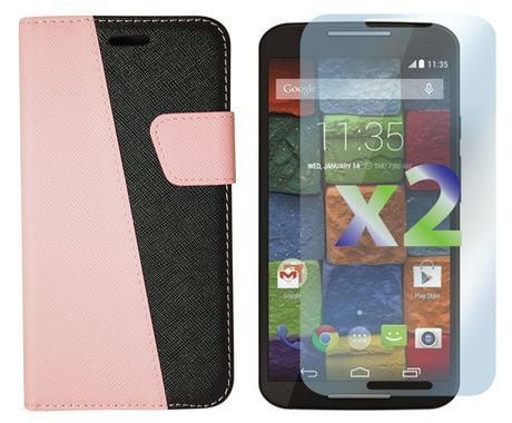 Click here for Exian Leather Wallet Case For Moto X2 - Pink & Bla... prices