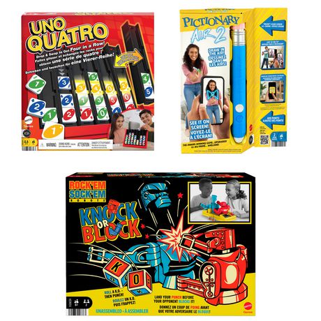 Mattel Games Bundle - UNO Quatro, Pictionary Air 2, and Rock 'Em Sock ...