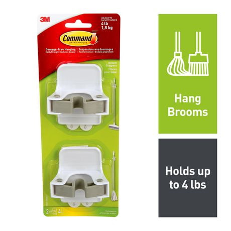 Command™ Broom Gripper 17007-HW2EF, Indoor, White, 2 Grippers, 4 Strips ...