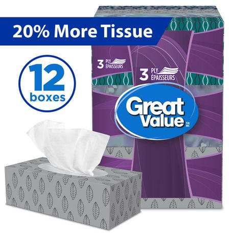 Great Value, Facial Tissues, 12 flat boxes, 88 tissues per box, 3Ply ...
