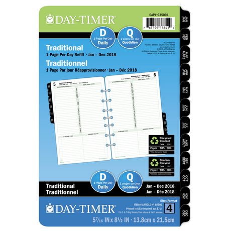 DAY-TIMER® 1-Page-per-Day Loose-Leaf Dated Recycled Refills | Walmart ...