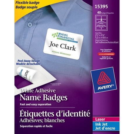 Avery® White Adhesive Name Badges 15395, 2-1/3" x 3-3/8", Pack of 40 ...