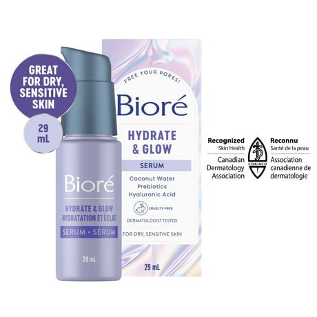 Bioré Hydrate & Glow Serum, with Coconut Water, Prebiotics & Hyaluronic ...