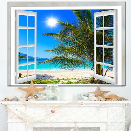 Click here for Design Art Window Open To Beach With Palm Extra La... prices