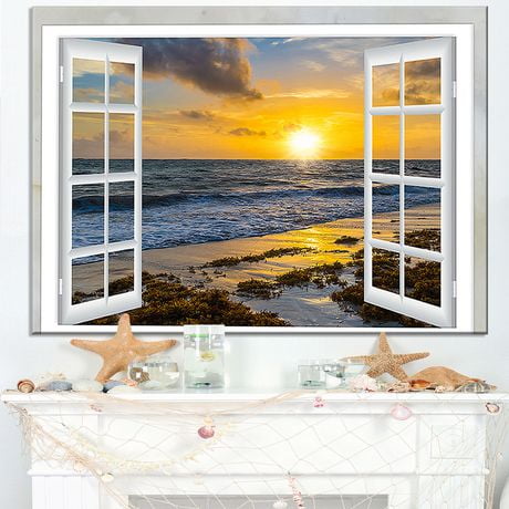 Design Art Open Window to Bright Yellow Sunset Modern Seascape Canvas ...