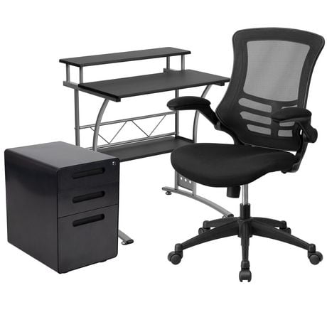 3 Piece Office Set - Black Computer Desk, Ergonomic Mesh Office Chair ...