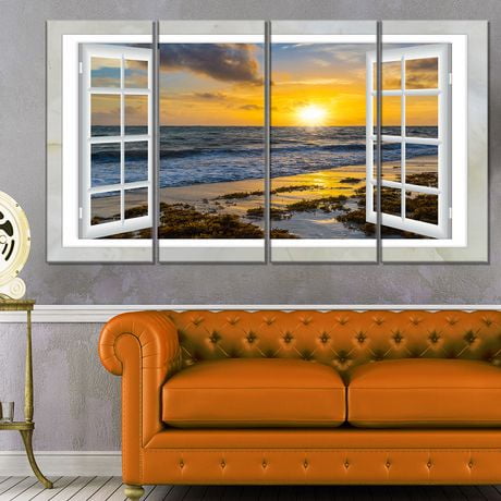 Design Art Open Window to Bright Yellow Sunset Modern Seascape Canvas ...