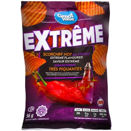 Great Value Extrême Scorchin' Hot All Dressed Flavoured Potato Chips ...