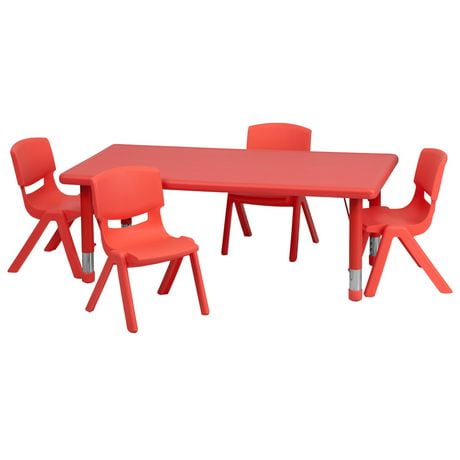 24''W x 48''L Rectangular Red Plastic Height Adjustable Activity Table Set with 4 Chairs ...