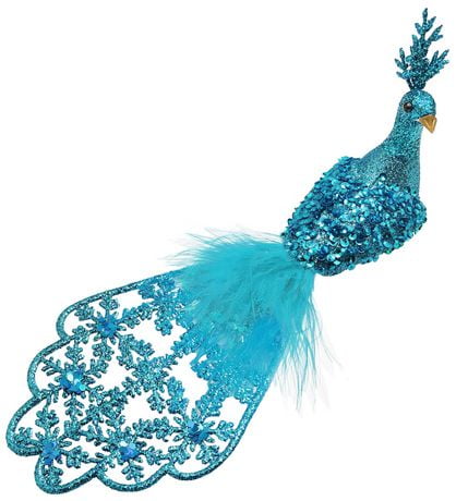 Holiday Time Turquoise Glitter Snowflake Tail Peacock Clip On Ornament ...