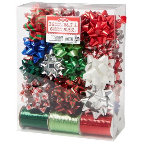Holiday Time 168' Gift Ribbon & 36 Gift Bows Kit, Red/Blue/Green ...