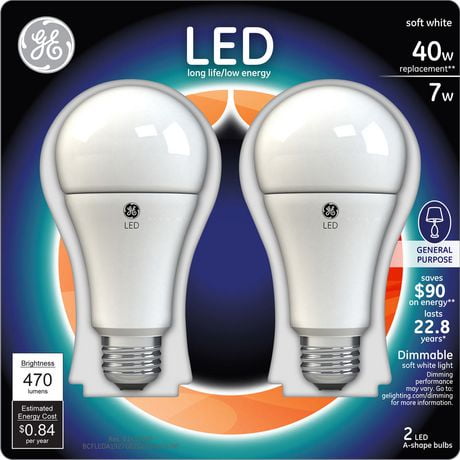 General Electric 7W Soft White LED Bulb A19 - 2 Pack | Walmart Canada