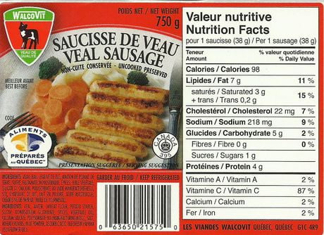 Saucisse de veau Walcovit Inc. Non-cuite Conservée | Walmart Canada